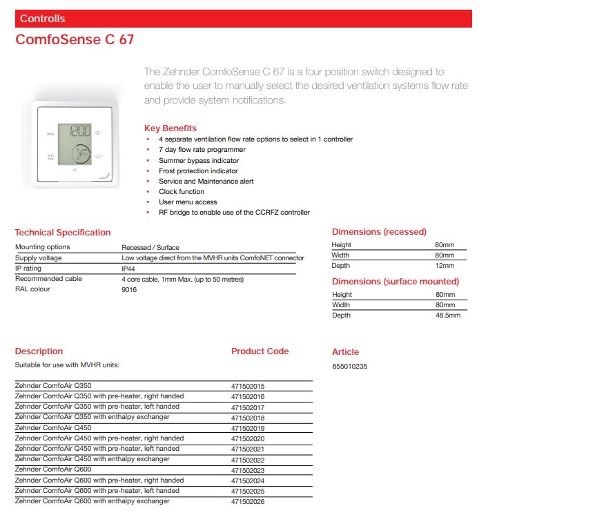 Pultas ComfoSense C 67 (ComfoAir Q 350,450,600) - Paltaja