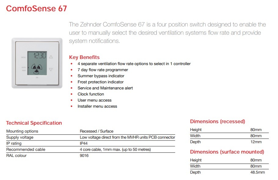 Zehnder valdymo pultas ComfoSense 67 - Paltaja